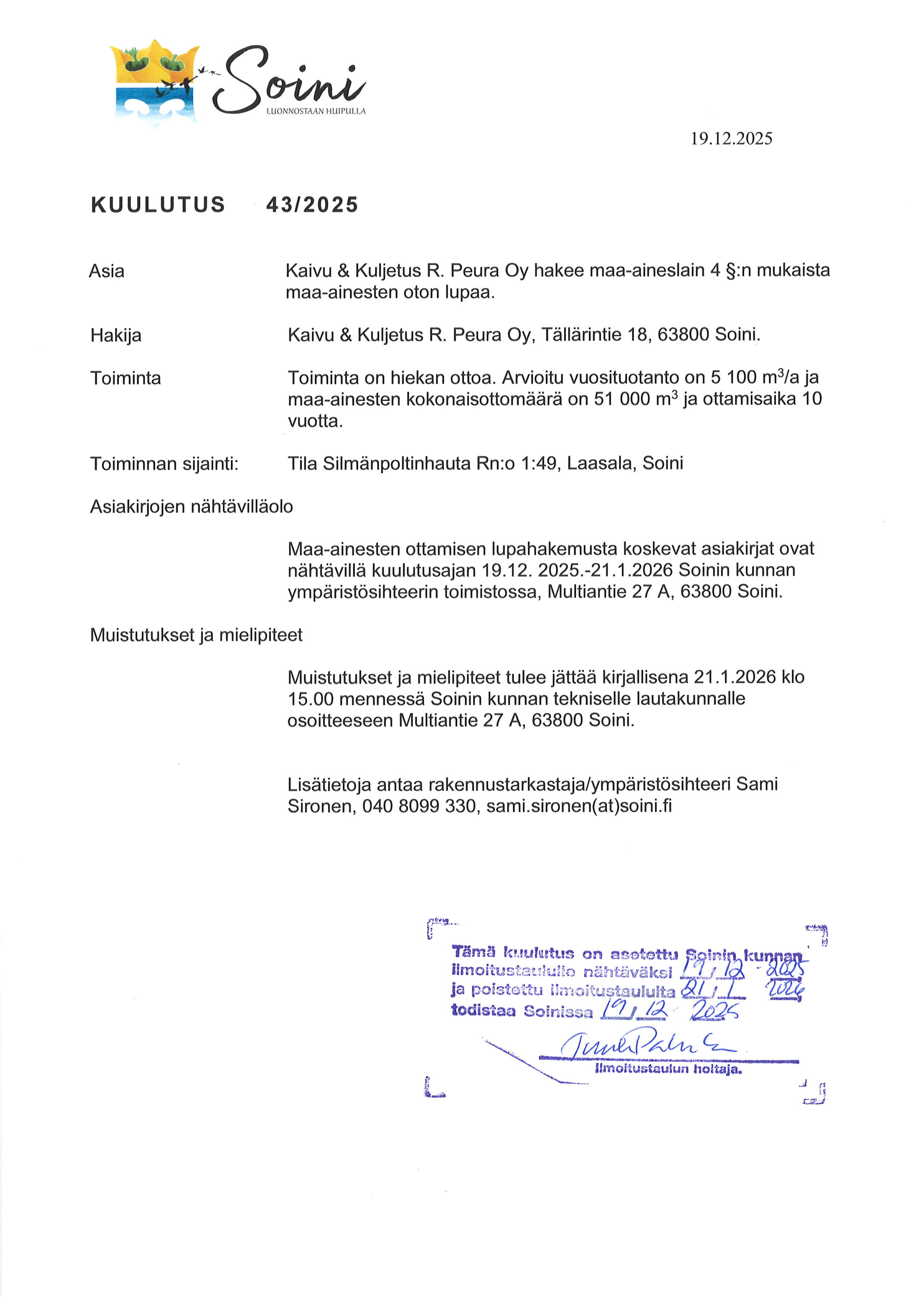 Kuulutus 43/2025 maa-aineslain mukainen hakemus | Soini