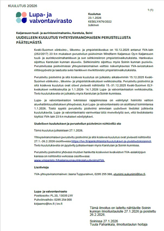 Kuulutus 2/2026: uudelleen kuulutus Kaijansuon tv-hankkeen perusteltu ...